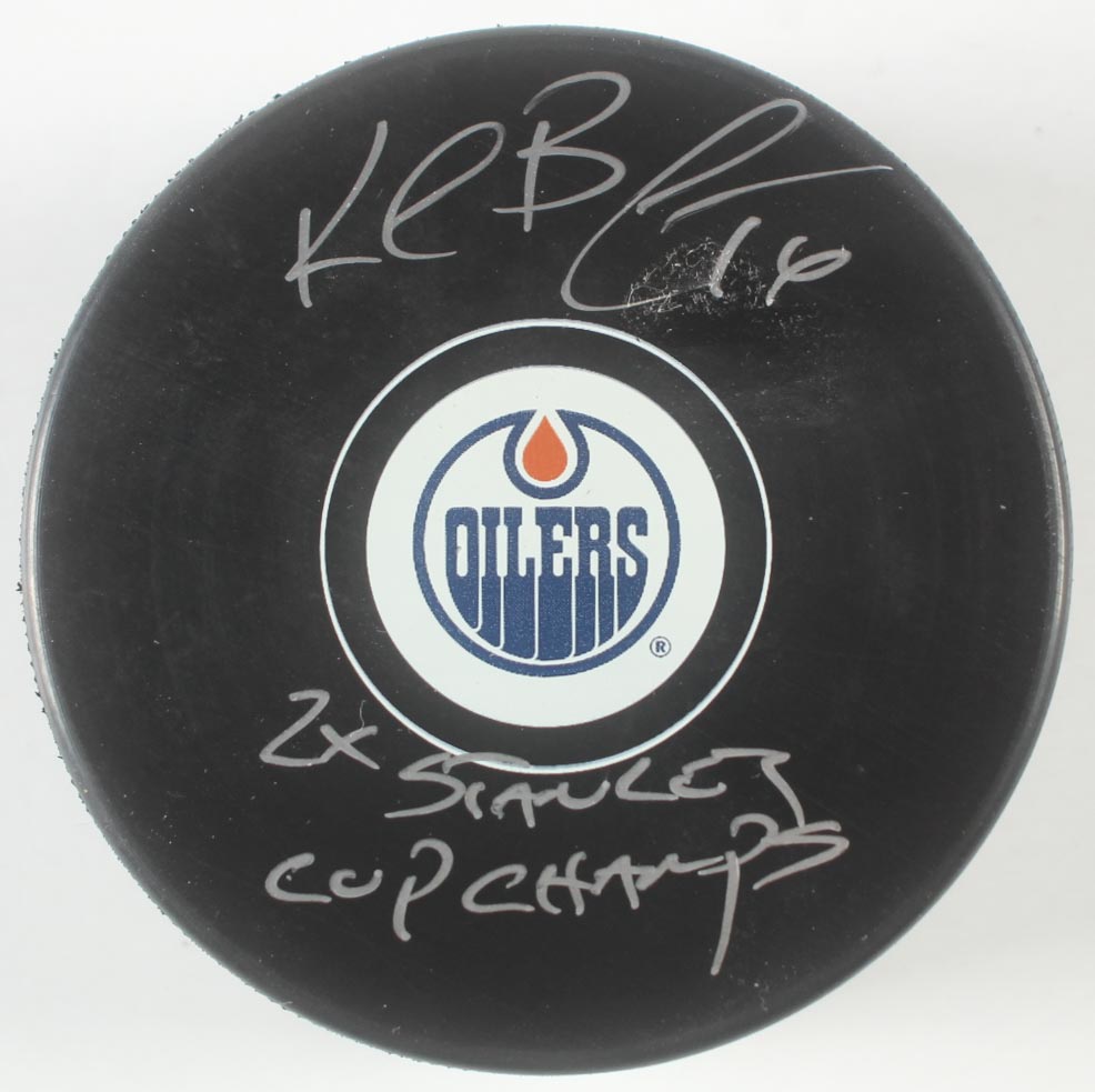 Kelly Buchberger Signed Oilers Logo Hockey Puck Inscribed "2x Stanley ...
