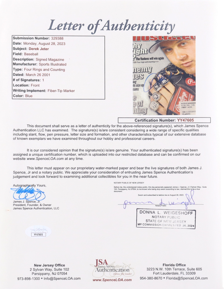 Derek Jeter Signed 2001 Sports Illustrated Magazine (JSA) | Pristine ...