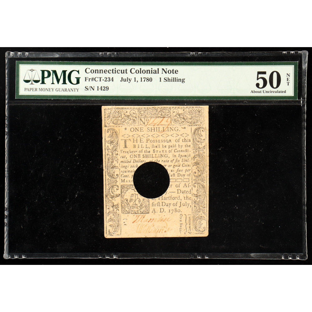 1780 Connecticut 1 Shilling Colonial Note (PMG AU50) | Pristine Auction
