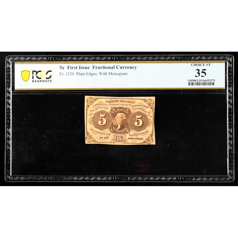 1862 U.S. 5¢ Fractional Currency Note, 1st Issue, Plain Edges w ...