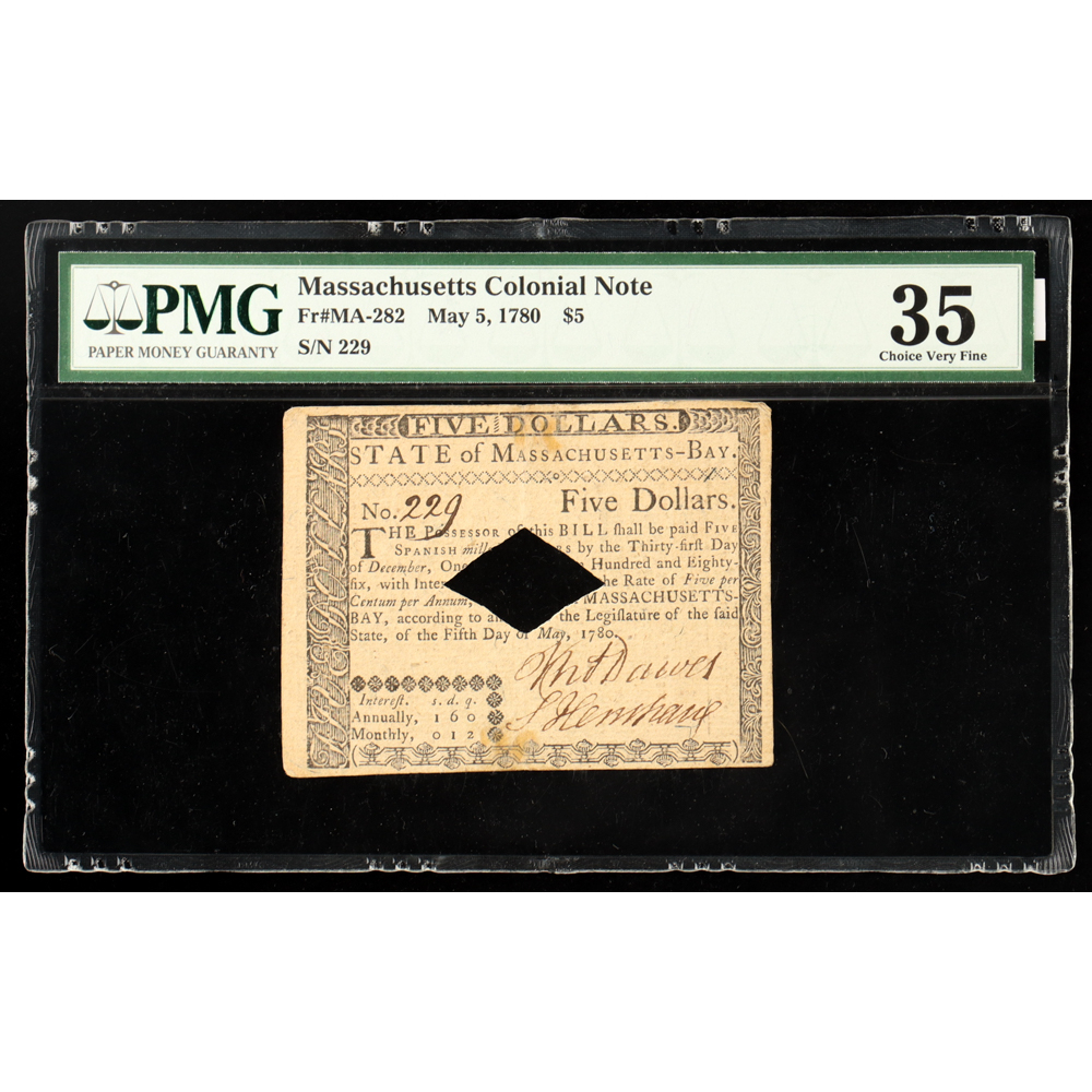 1780 Massachusetts $5 Colonial Note - Fr. MA-282 Printer: Hall and ...