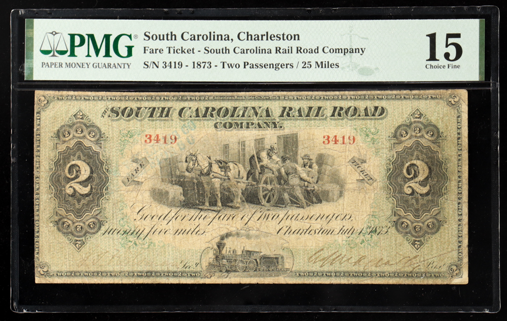 1873 South Carolina Rail Road Company Fare Ticket - 2 Passengers / 25 ...