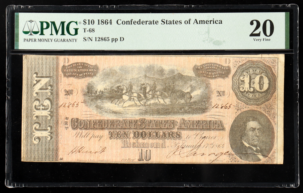 1864 Confederate States of America $10 Note T-68, 2nd Series (PMG VF20 ...