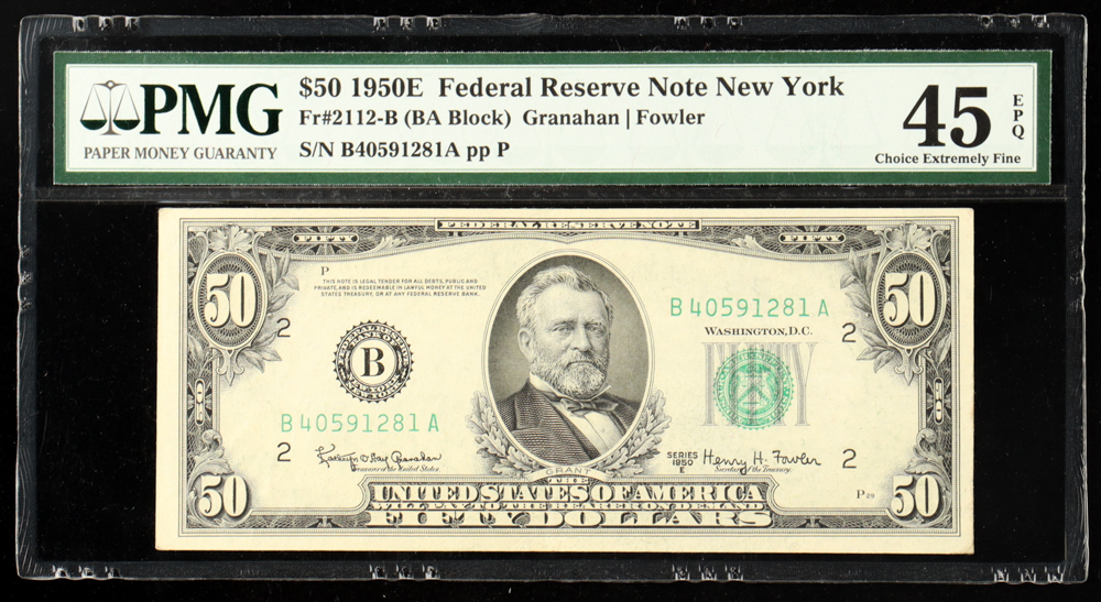 1950-E U.S. $50 Federal Reserve Note, New York - Signed: Granahan / Fowler (PMG CHOICE EF45 EPQ ...