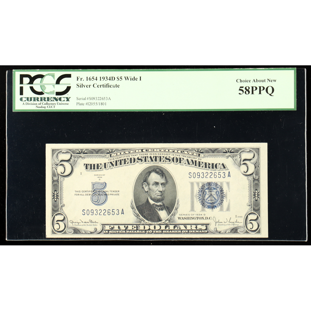 1934-D U.S. $5 Silver Certificate "Wide I" Blue Seal, Fr.1654 Signed: Clarke / Snyder (PCGS ...