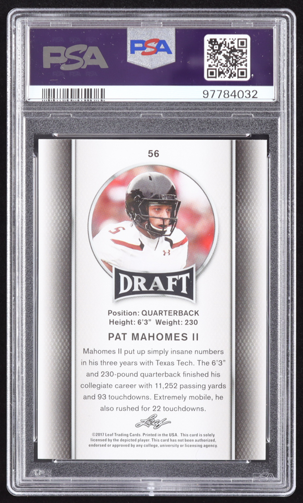 Patrick Mahomes II 2017 Leaf Draft #56 RC (PSA 10) | Pristine Auction