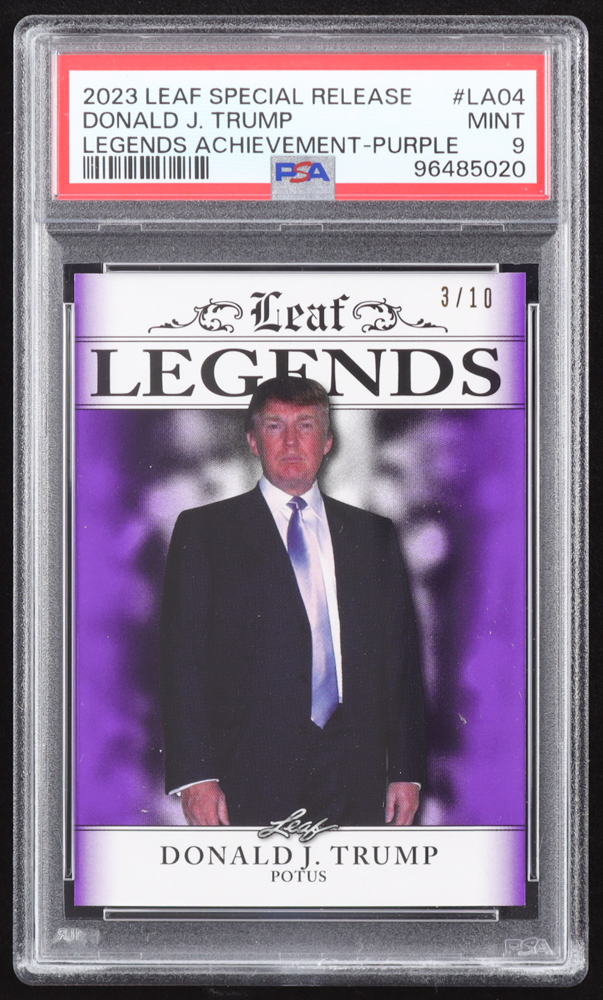 Donald J. Trump 2023 Leaf Special Release Legends Achievement Purple # ...