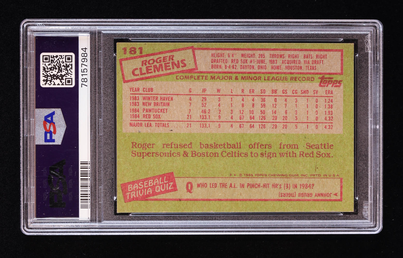 Roger Clemens Signed 1985 Topps #181 RC (PSA | Auto 10) | Pristine Auction