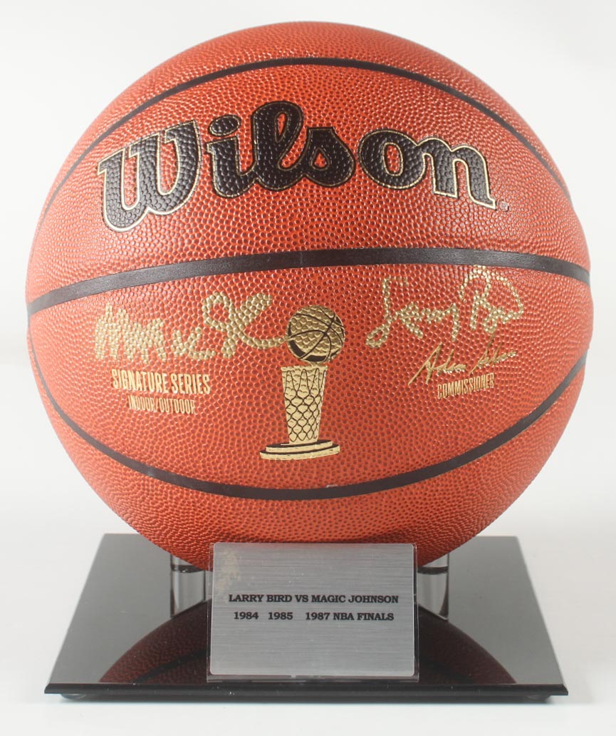 Magic Johnson & Larry Bird Signed NBA Finals Trophy Special Edition Basketball with Acrylic ...