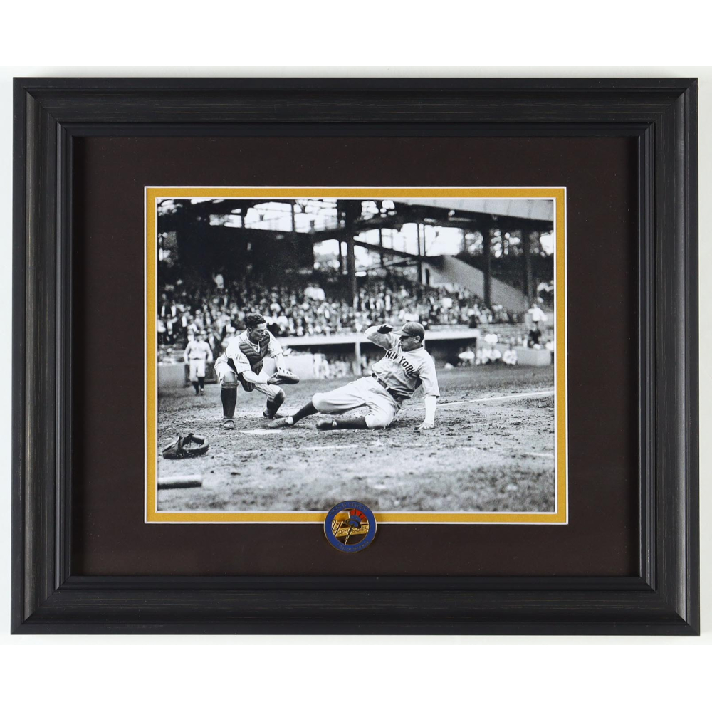 "Babe Ruth Sliding into Home Plate" Custom Framed Photo with Yankees ...