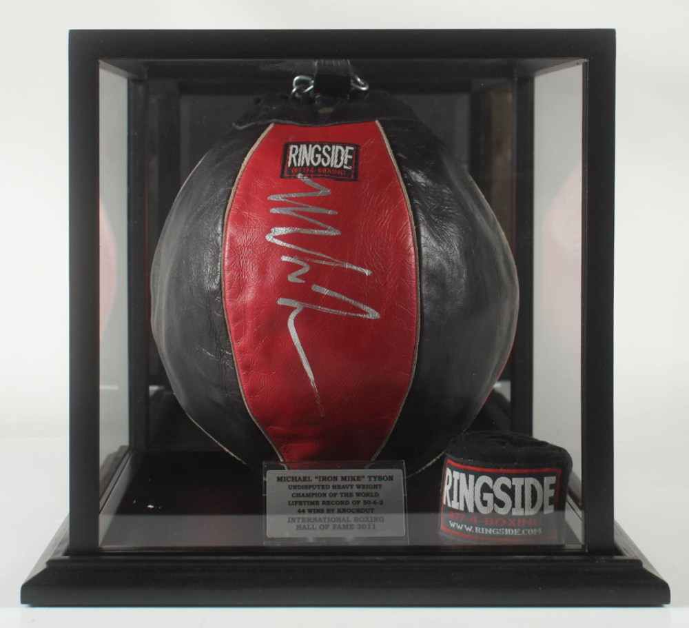 Mike Tyson Signed Ringside Speed Bag with Wrist Wrap & Display Case ...