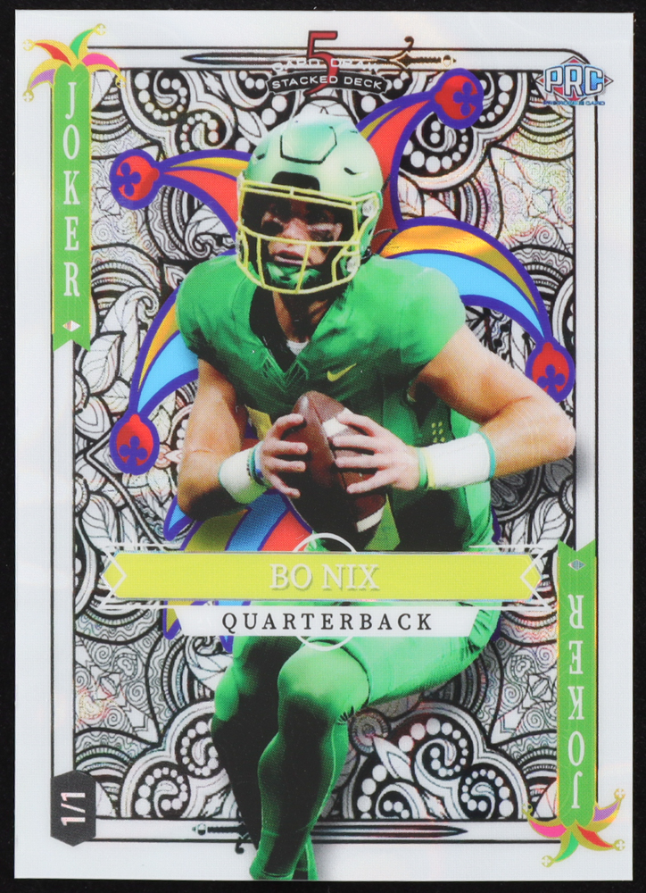 Bo Nix 2023 Wild Card 5 Card Draw Stacked Deck Joker Holo-Lux White # ...