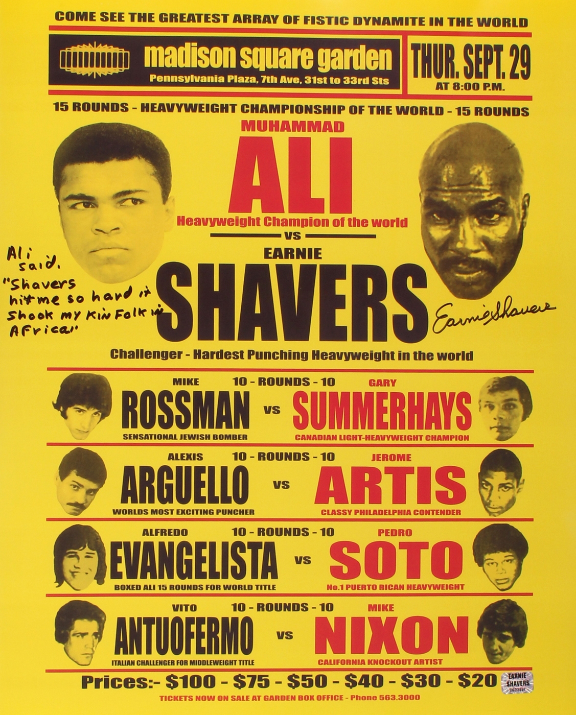 Earnie Shavers Signed 16x20 Replica 1977 Fight Poster vs. Muhammad Ali ...
