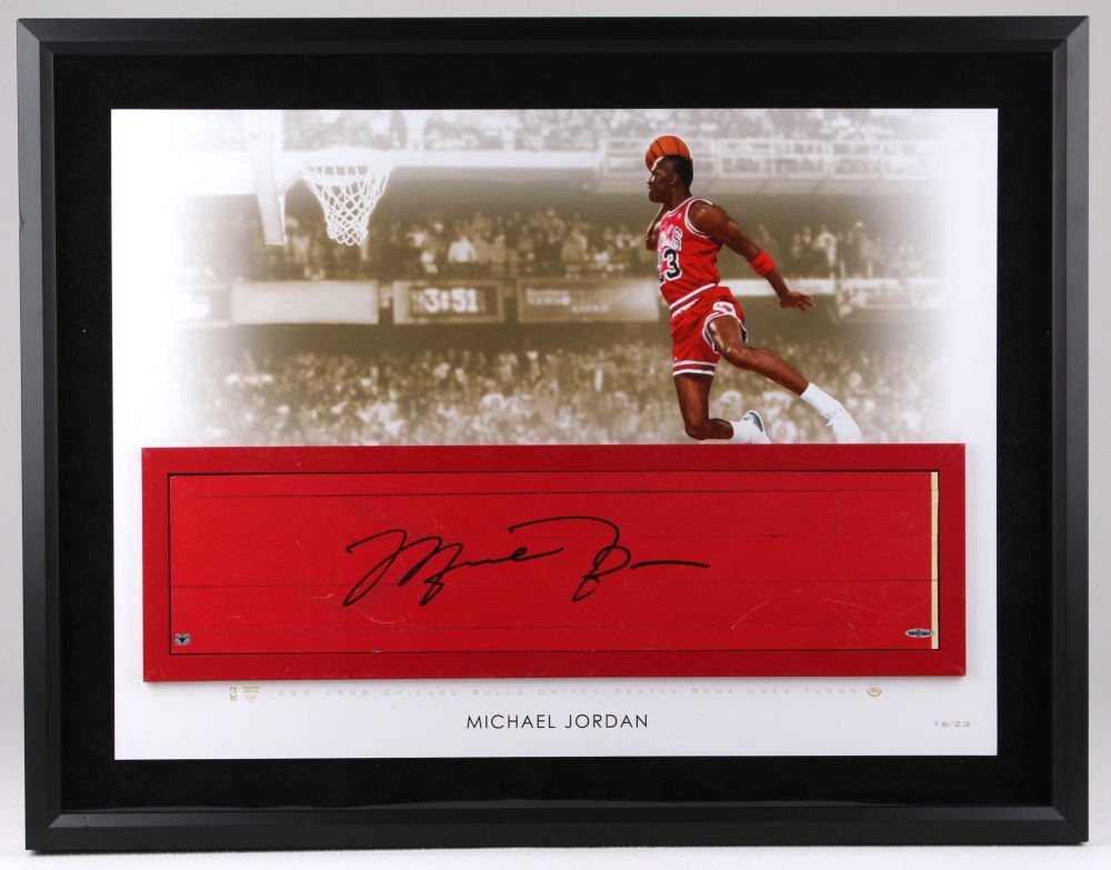 Michael Jordan Signed "Gatorade Dunk" 26x36 LE Custom Framed Authentic Game-Used Floor Piece ...