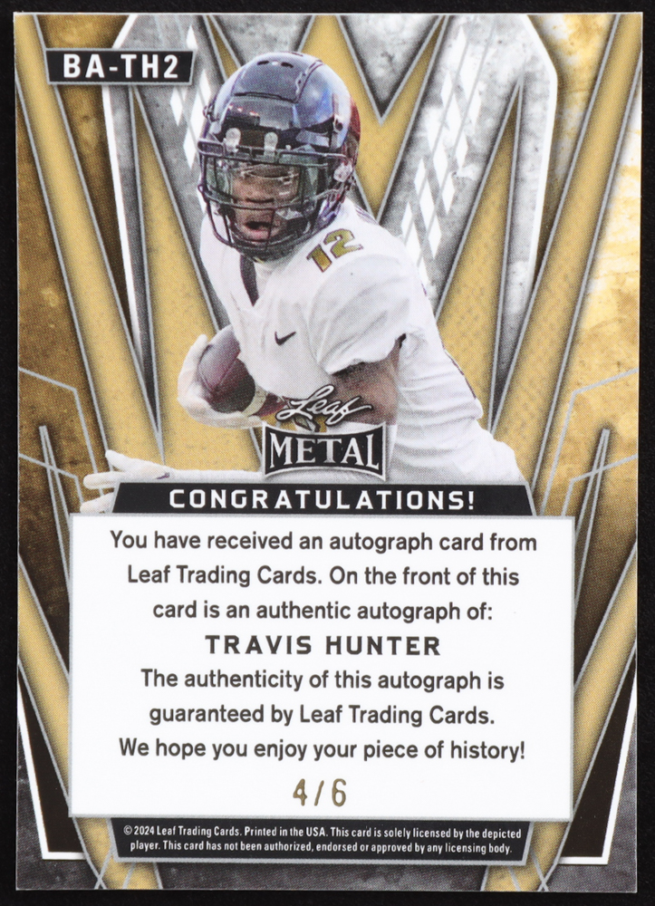 Travis Hunter 2024 Leaf Metal Autographs Laser Silver #BATH2 RC #4/6 ...