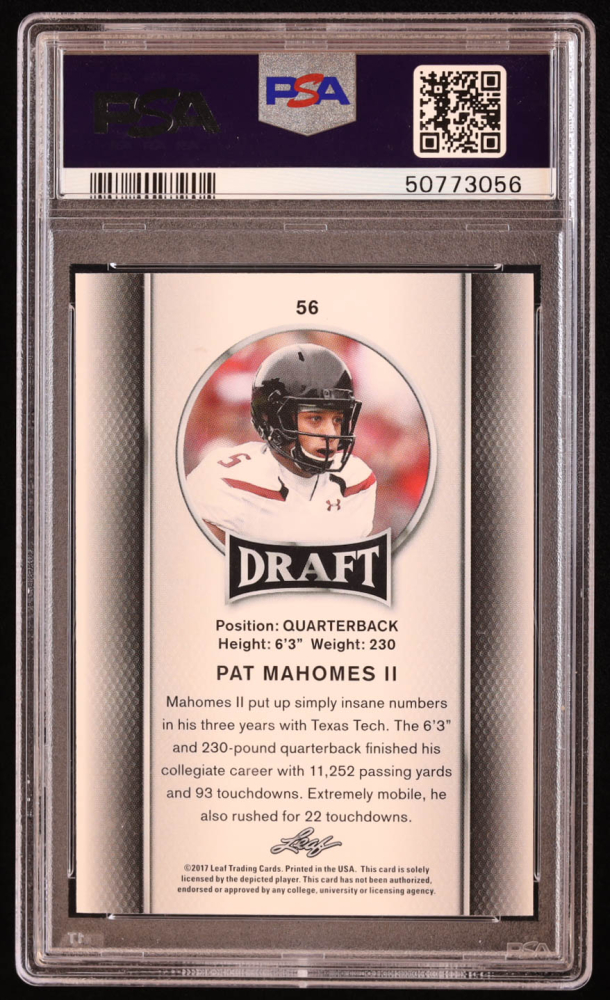 Patrick Mahomes II 2017 Leaf Draft #56 RC (PSA 9) | Pristine Auction
