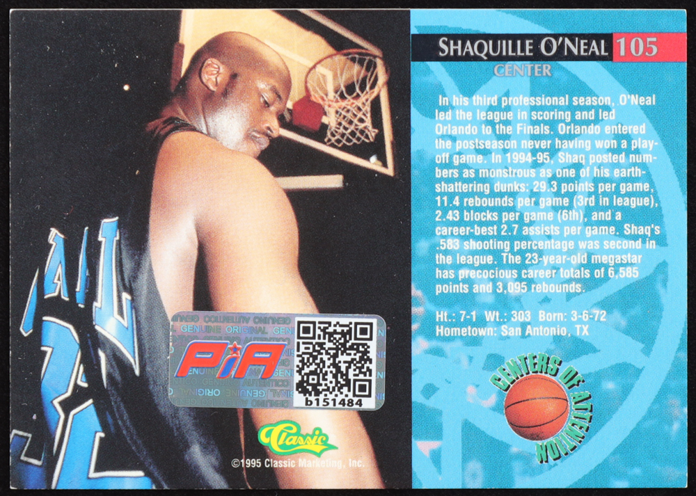 Shaquille O'Neal Signed 1995 Classic #105 CA (PIA) | Pristine Auction