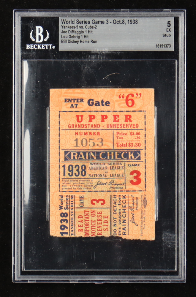 1938 World Series Yankees vs. Cubs Game 3 Ticket Stub (BGS 5 ...