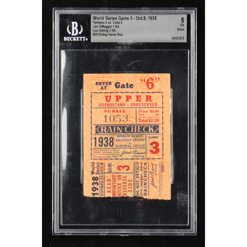 1938 World Series Yankees vs. Cubs Game 3 Ticket Stub (BGS 5 ...
