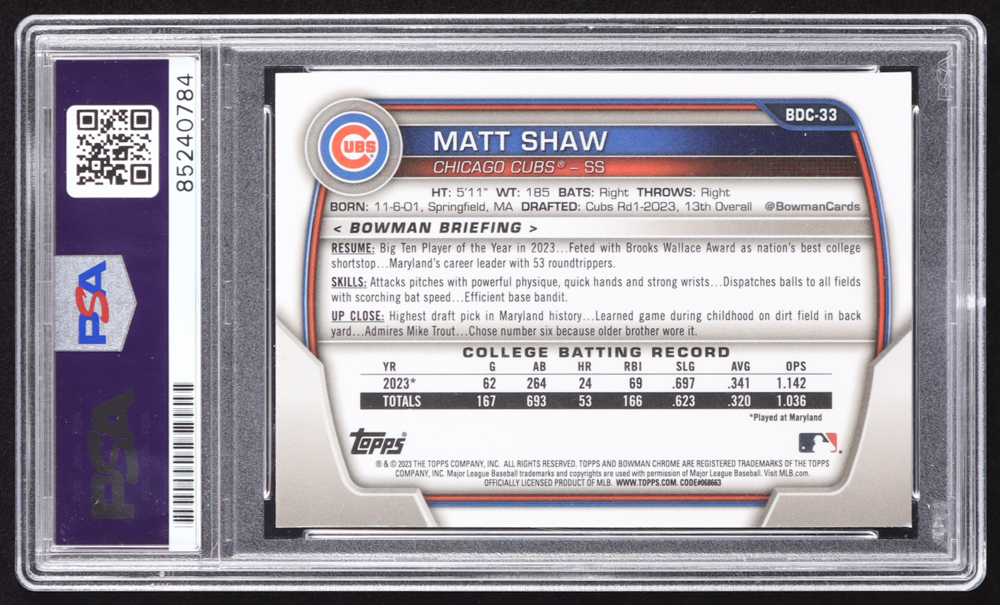 Matt Shaw Signed 2023 Bowman Chrome Draft Sapphire #BDC33 RC (PSA ...