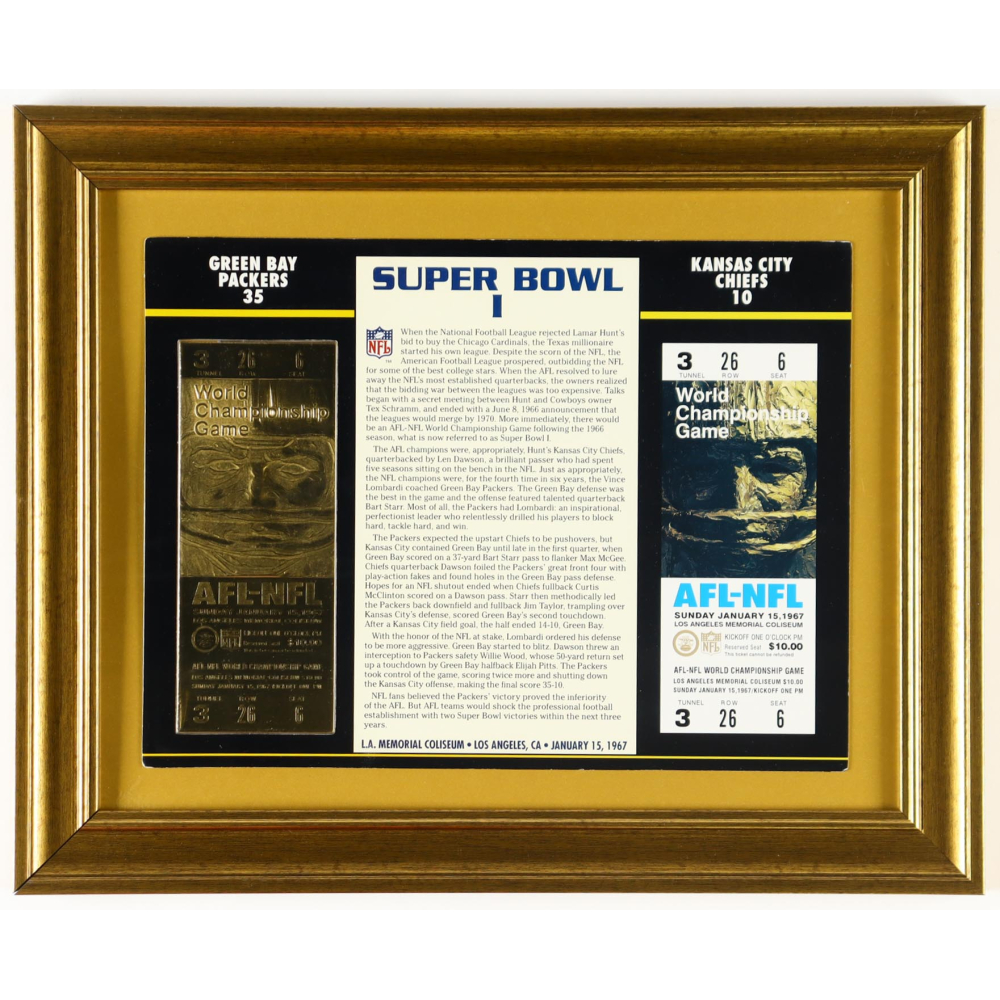 1967 Super Bowl I Commemorative Custom Framed 23kt Gold Ticket Card ...