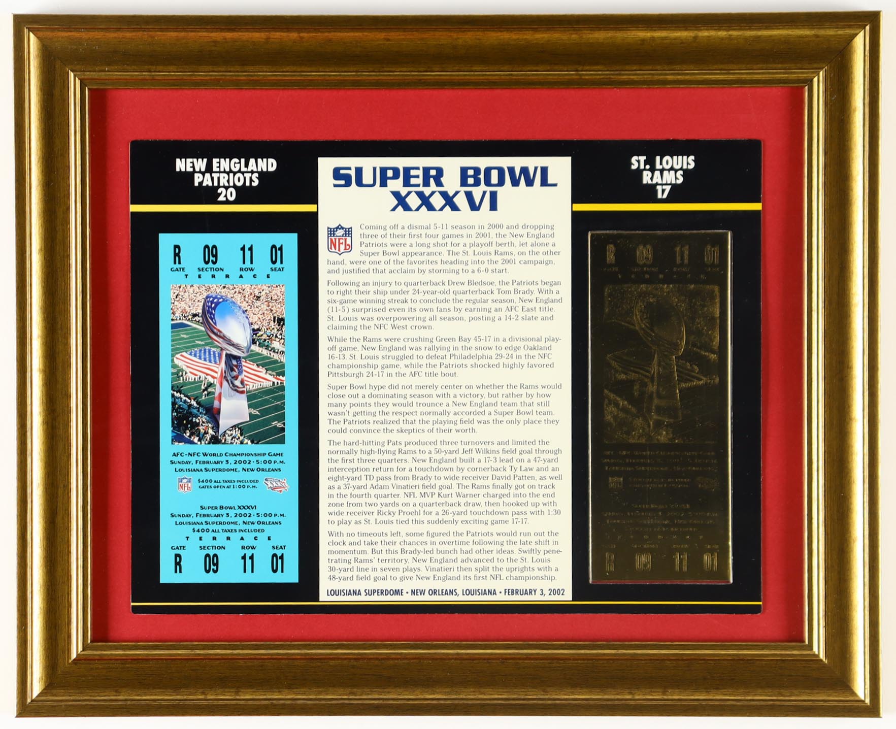 2002 Super Bowl XXXVI Commemorative Custom Framed 23kt Gold Ticket Card ...