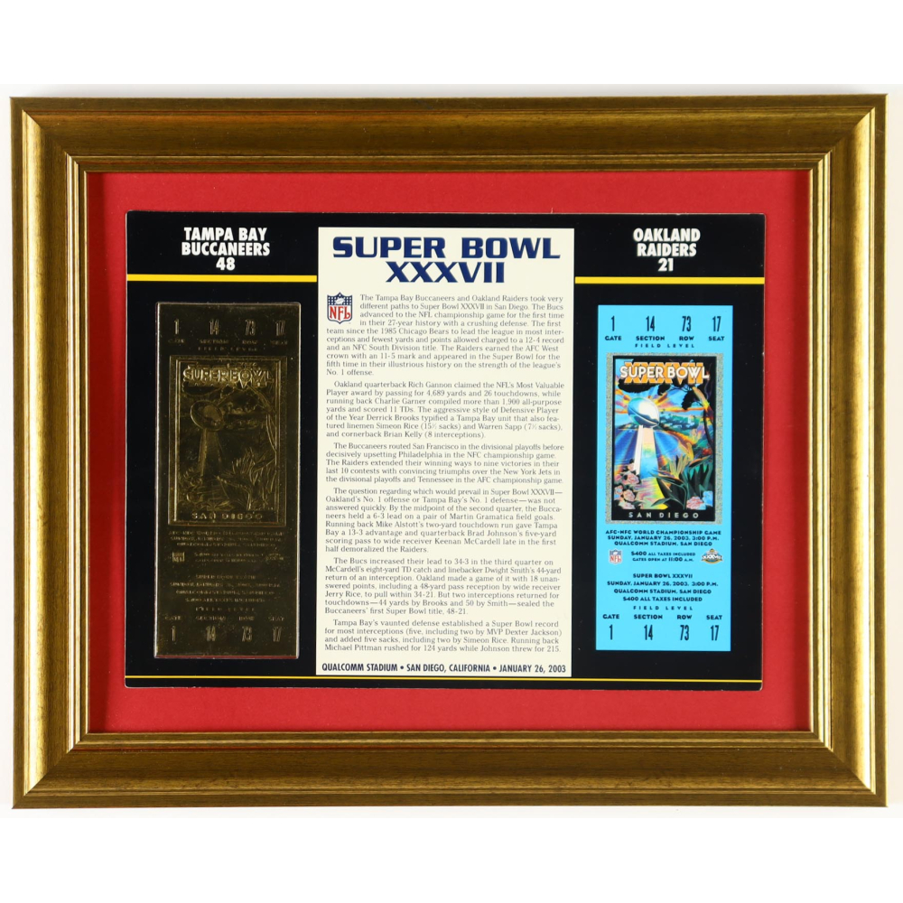 2003 Super Bowl XXXVII Commemorative Custom Framed 23kt Gold Ticket Card Display | Pristine Auction