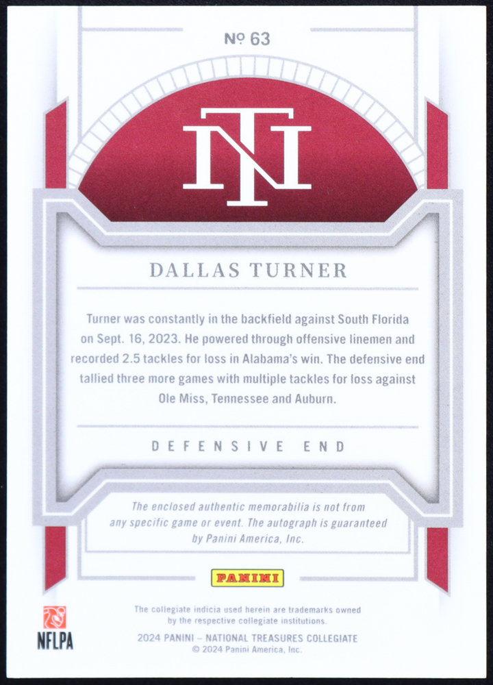 Dallas Turner 2024 Panini National Treasures Collegiate College ...