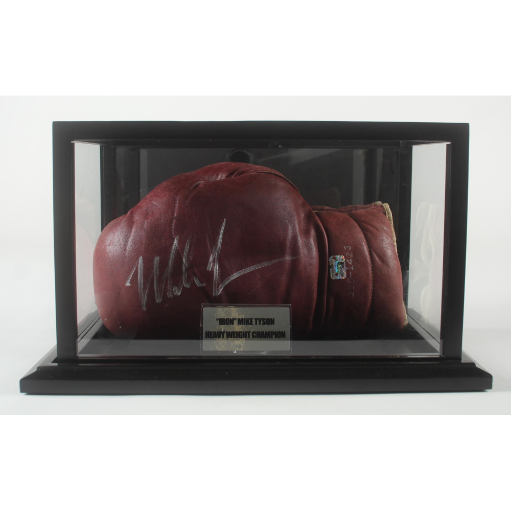 Mike Tyson Signed Vintage Burgundy Boxing Glove In Wood Display Case ...