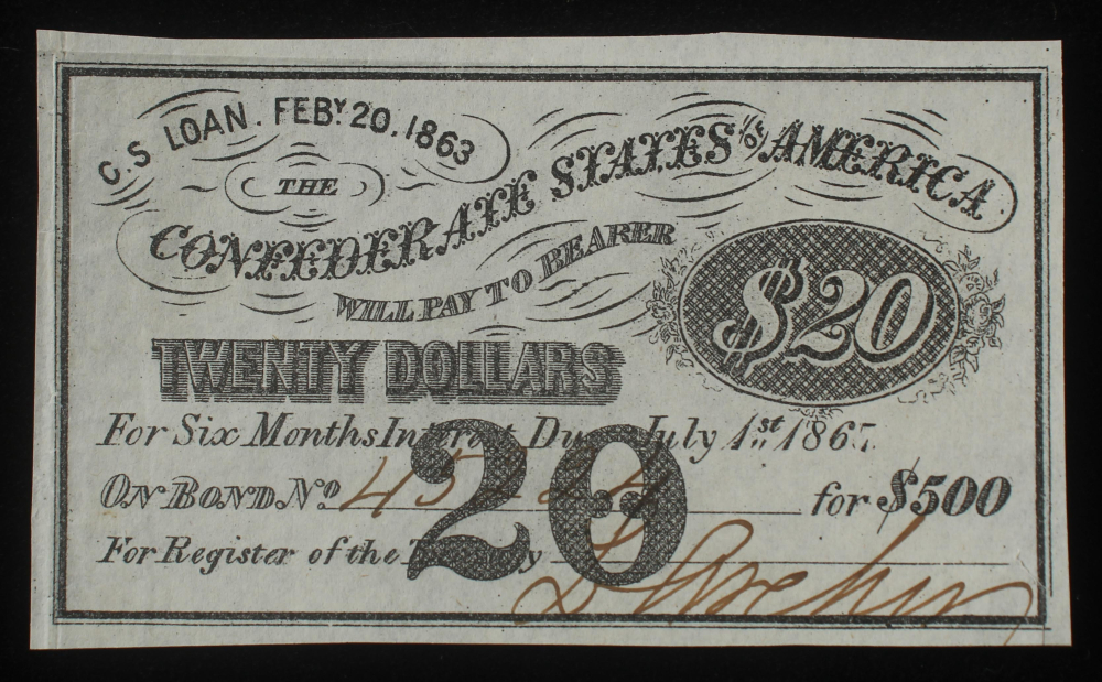 1863 $20 Confederate States of America CSA Bank Note Bond | Pristine ...