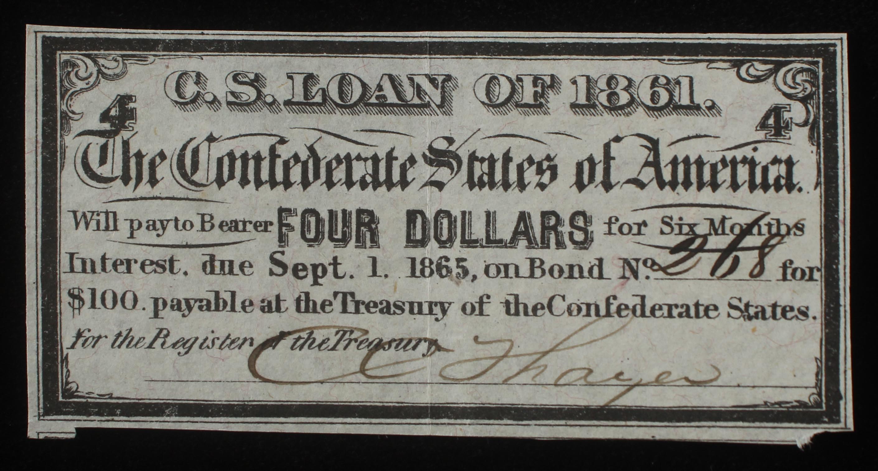 1861 $4 Confederate States of America CSA Bank Note Bond | Pristine Auction