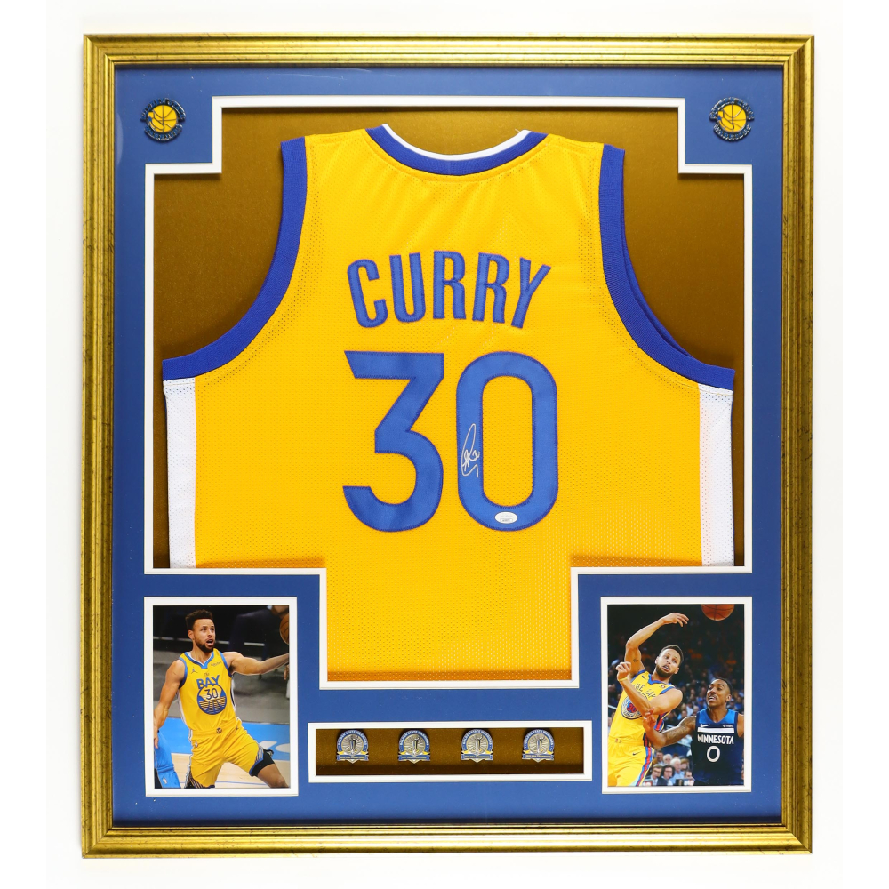 Stephen Curry Signed Warriors Custom Framed Jersey Display with Set of ...