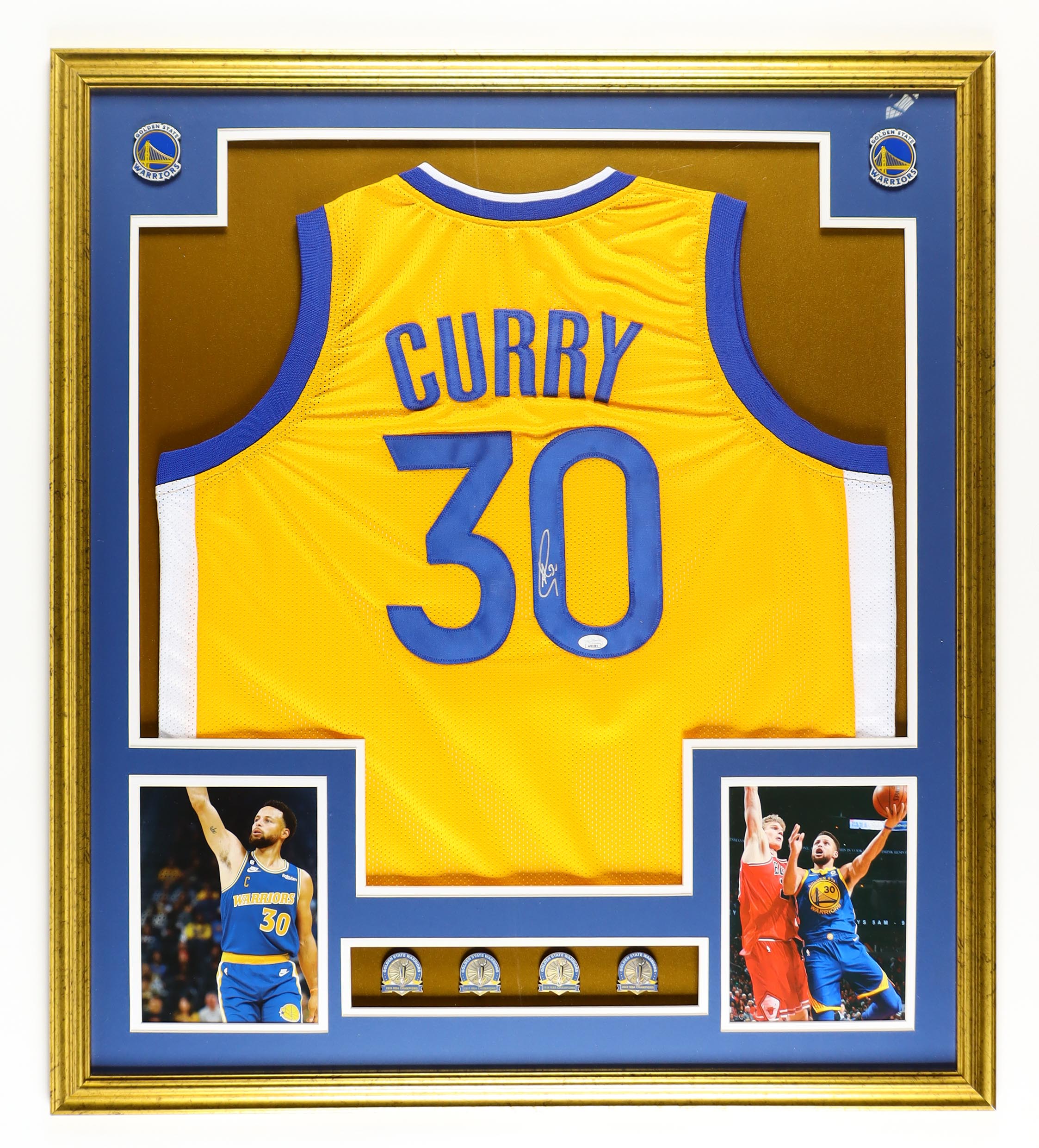 Stephen Curry Signed Warriors Custom Framed Jersey Display with Set of ...