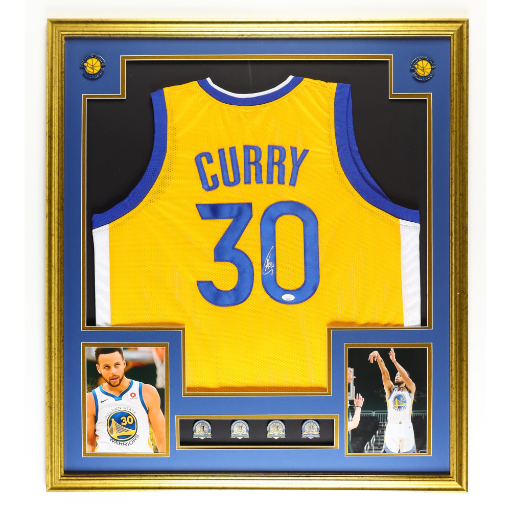 Stephen Curry Signed Warriors Custom Framed Jersey Display with Set of ...