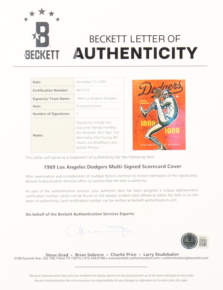 1969 Dodgers Scorecard Cover Signed by (9) With Leo Durocher, Randy ...