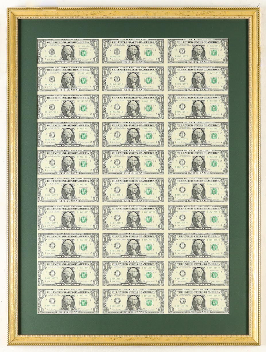 2017 U.S. $1 Dollar Bill Custom Framed Uncut Sheet Of (300) Bills ...