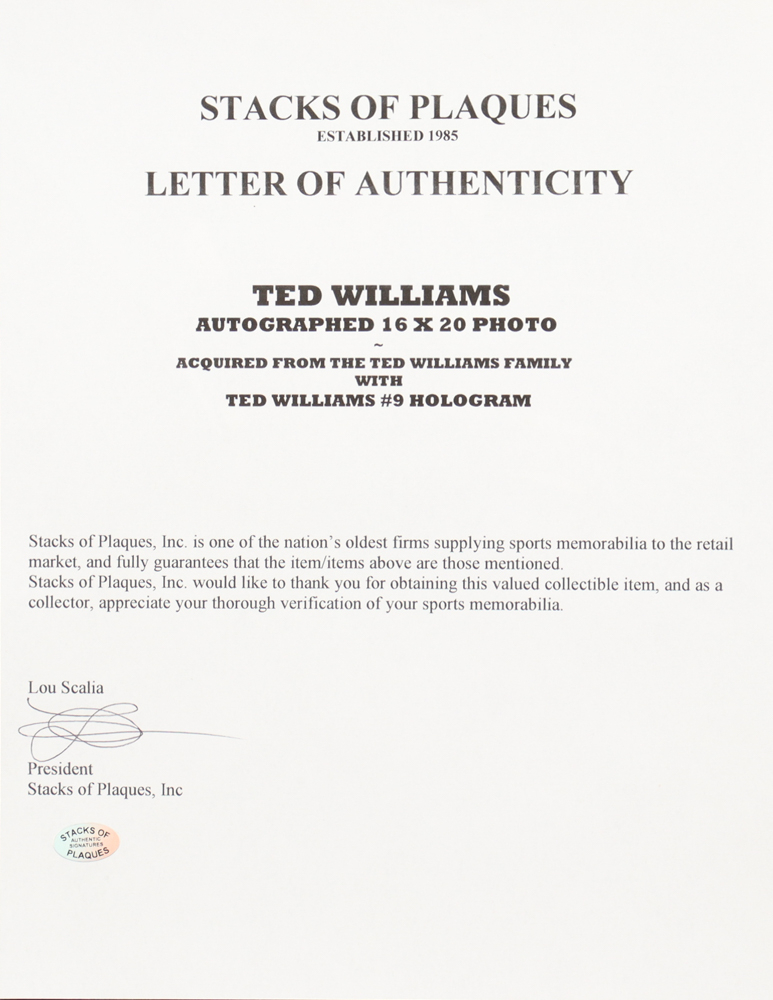 Ted Williams Signed 16x20 Photo (Williams & Stacks of Plaques ...
