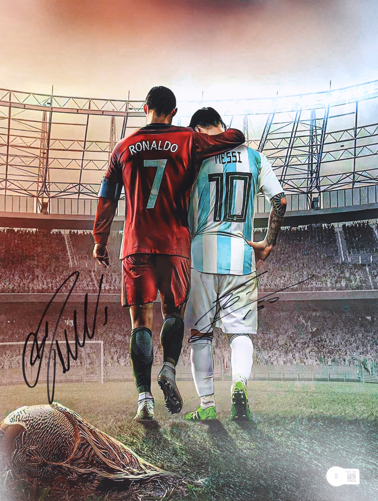 Lionel Messi Cristiano Ronaldo Signed World Cup 12x16 Photo Beckett