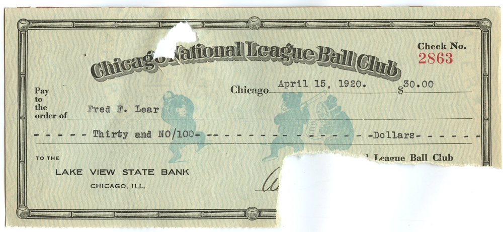Chicago Cubs Original Voided Payroll Check from 1920 to Fred Lear ...