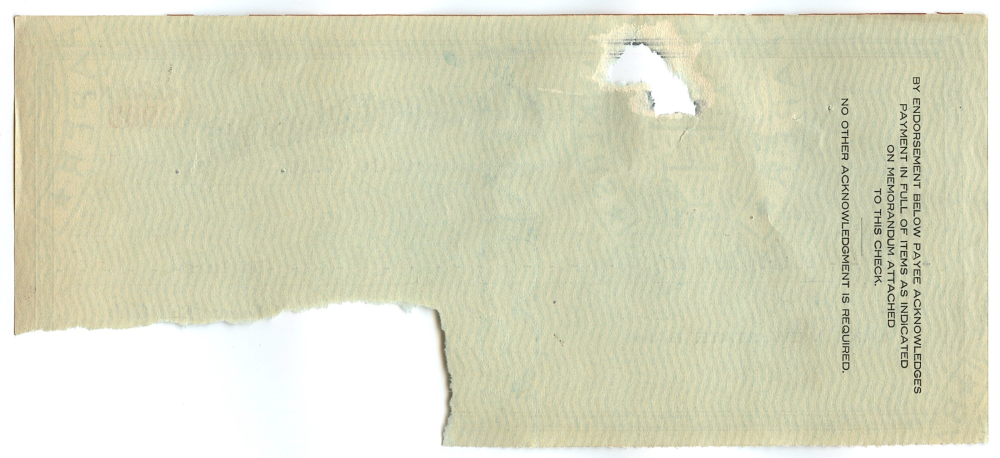 Chicago Cubs Original Voided Payroll Check from 1920 to Fred Lear ...