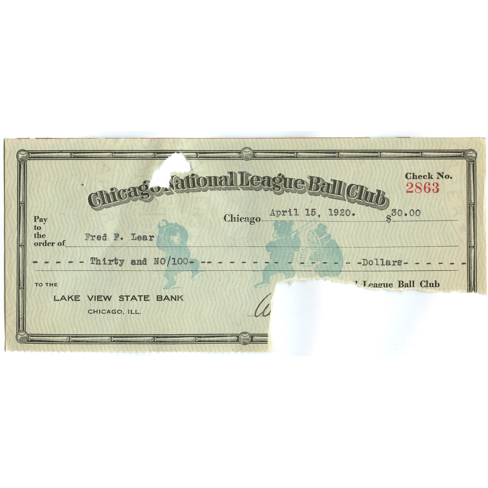 Chicago Cubs Original Voided Payroll Check from 1920 to Fred Lear ...