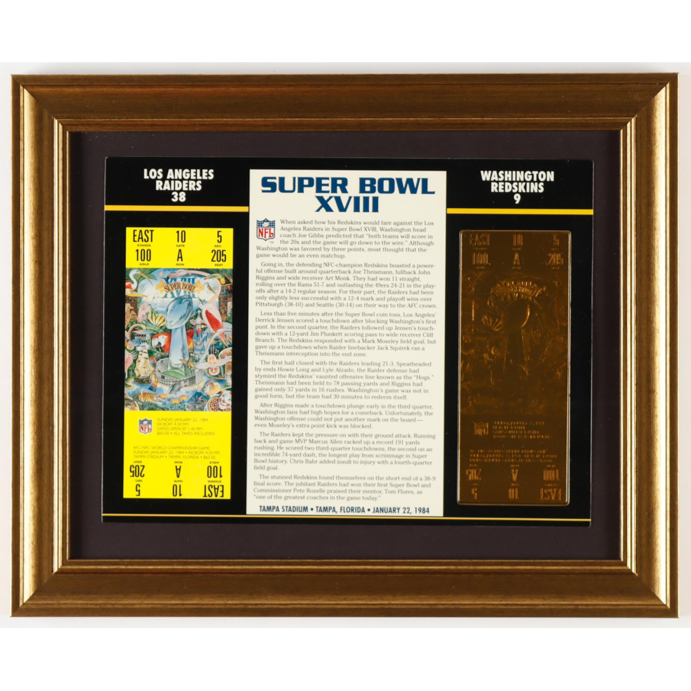 1984 Super Bowl XVIII Commemorative Custom Framed Score Card Display with 23KT Gold Ticket ...
