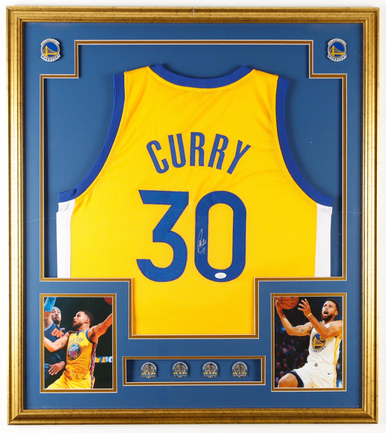 Stephen Curry Signed Warriors Custom Framed Jersey Display with Set of ...