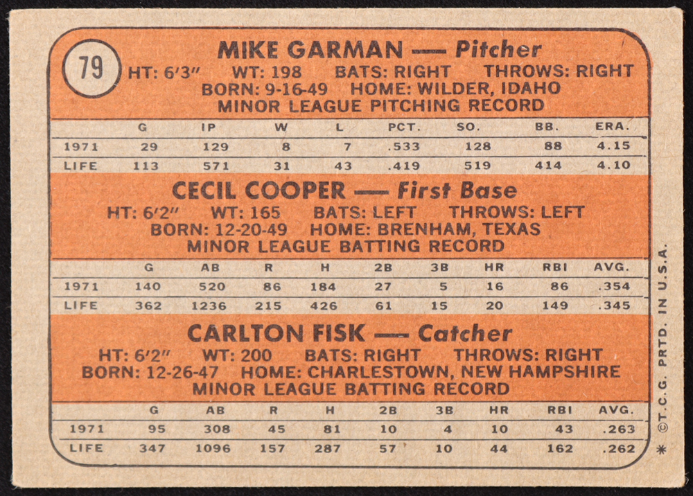 Mike Garman / Cecil Cooper / Carlton Fisk 1972 Topps Rookie Stars #79 ...