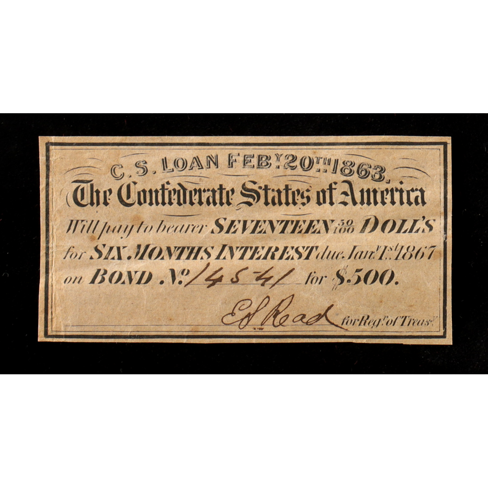 1867 $17.50 Confederate States of America Richmond CSA Bank Note Bond ...