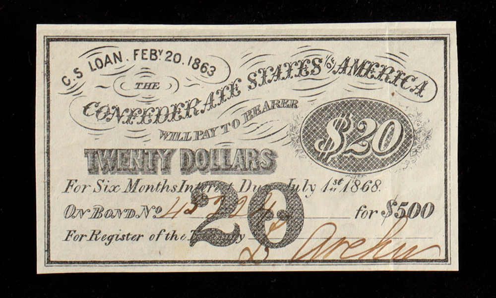 1863 $20 Confederate States of America Richmond CSA Bank Note Bond ...