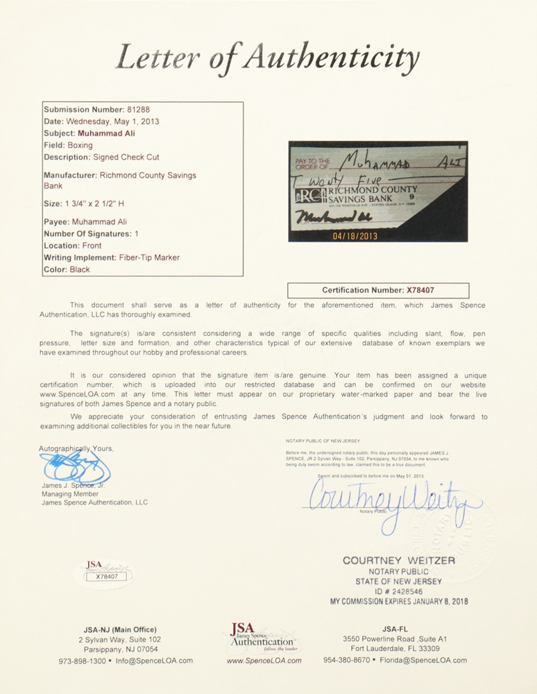 Muhammad Ali Signed Personal Bank Check Cut (JSA) | Pristine Auction