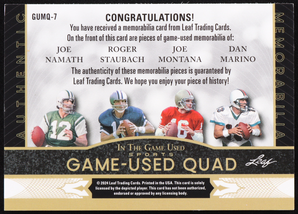 Joe Namath / Roger Staubach / Joe Montana / Dan Marino 2024 ITG Used ...