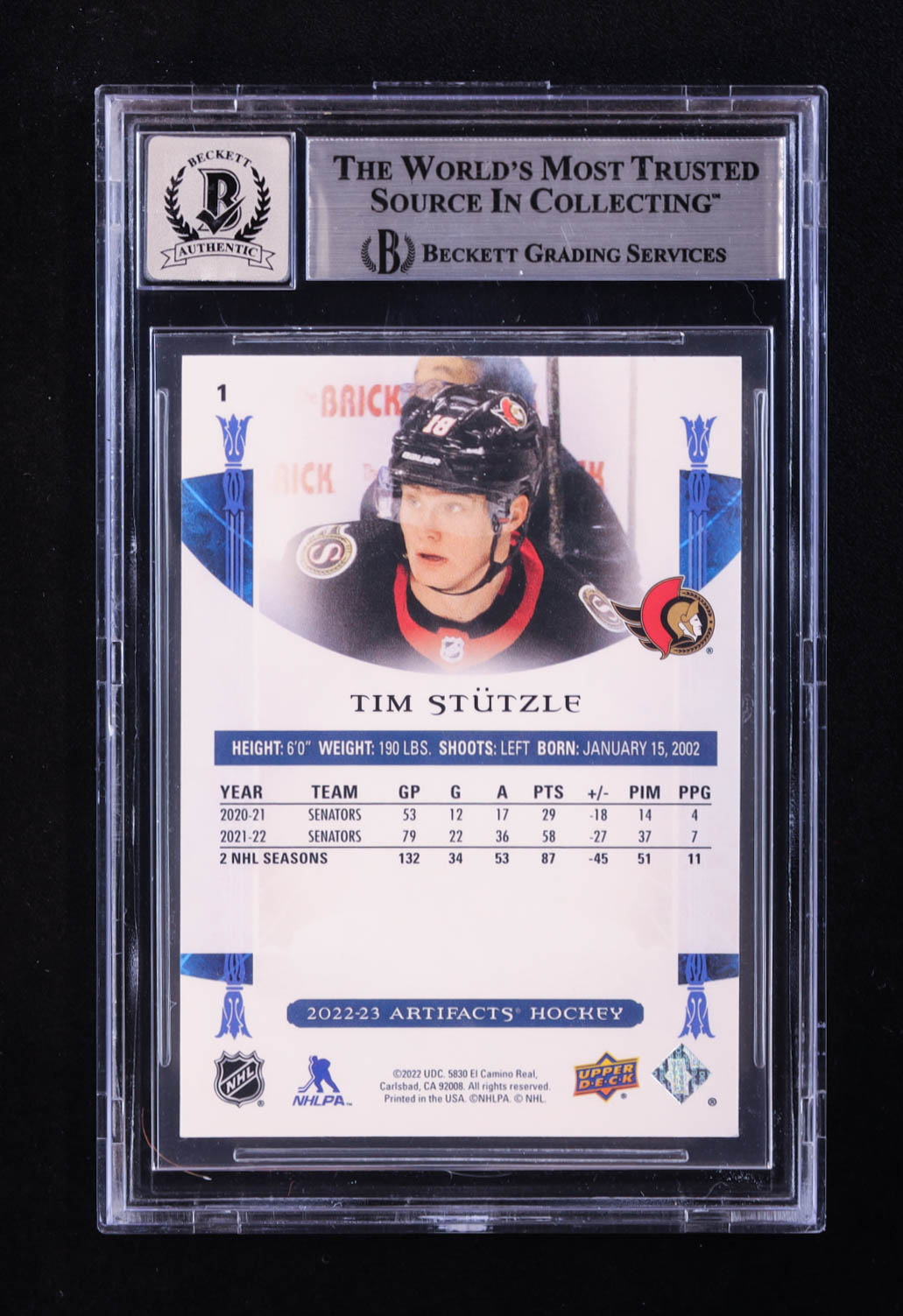 Tim Stutzle Signed 2022-23 Artifacts #1 (BGS | Autograph Grade 10 ...