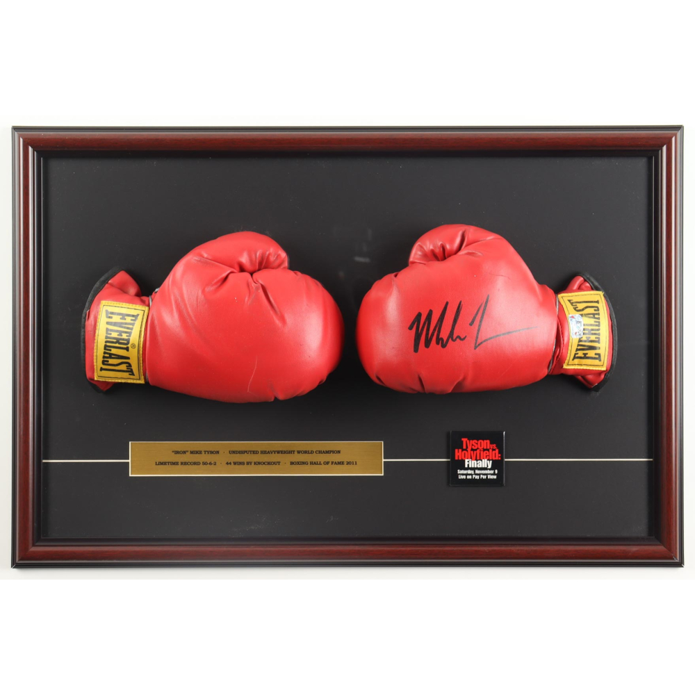 Mike Tyson Signed Custom Framed Everlast Boxing Glove Set Display with "Tyson vs Holyfield" Pin ...